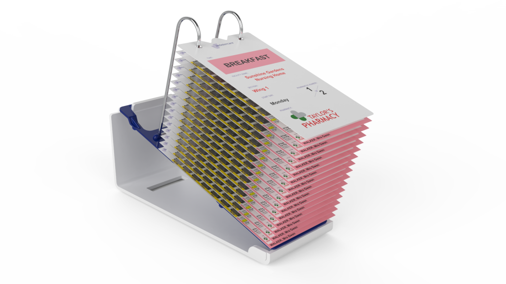 Pharmafile stand helps aged care staff store medication packs effectively.